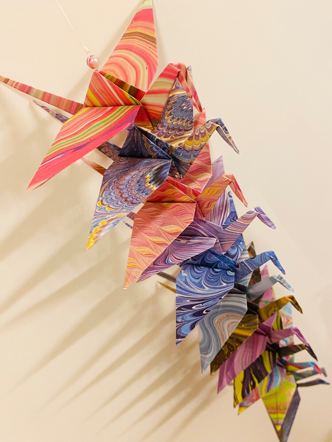 String of Origami Cranes, Version 2 marbled, Artsy, Abstract, Colorful ...