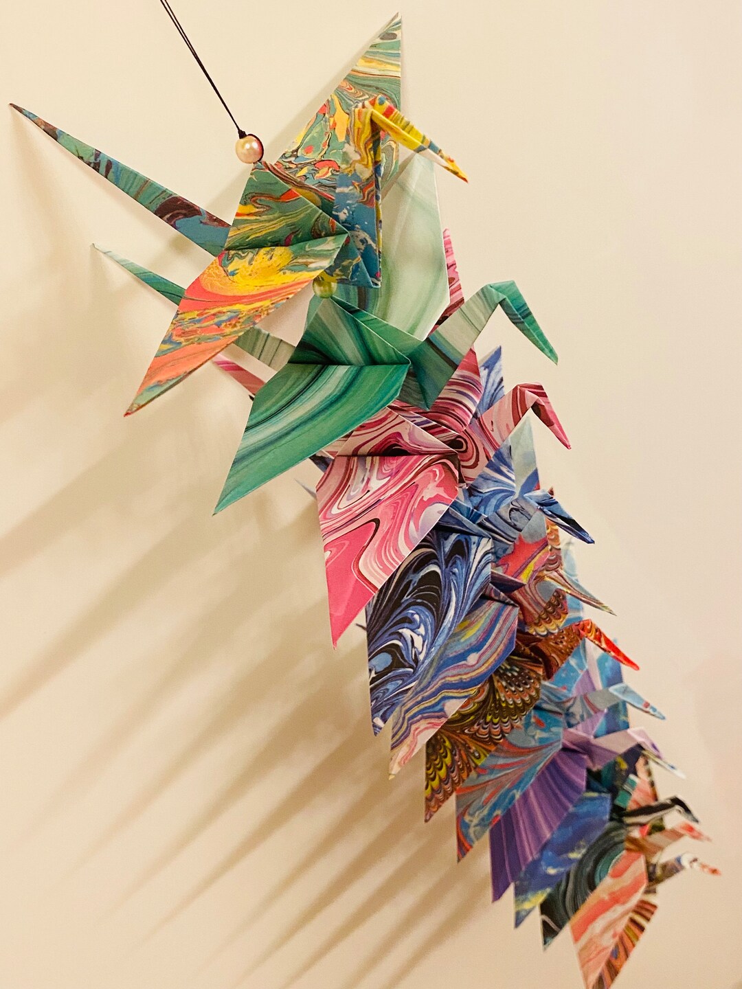 String of Origami Cranes, Version 1 marbled, Artsy, Abstract, Colorful ...