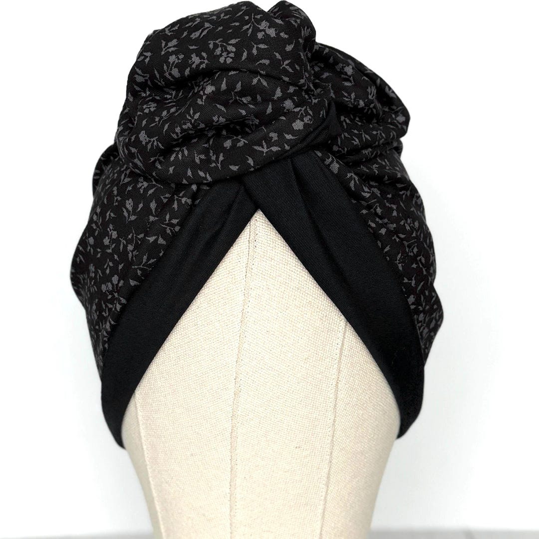 Full Turban Wire Headband, Reversible Extra Wide Black Grey Floral ...
