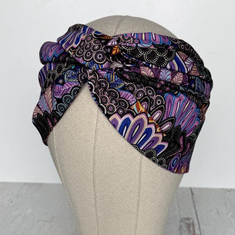 Extra Wide Adjustable Wire Wrap, Black Purple Boho Feather Print Wired ...