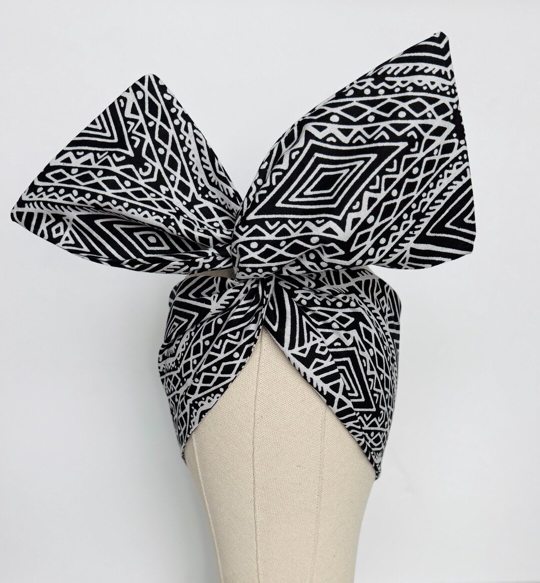 Extra Wide Adjustable Wire Headband, Batik Black & White Tribal Print ...