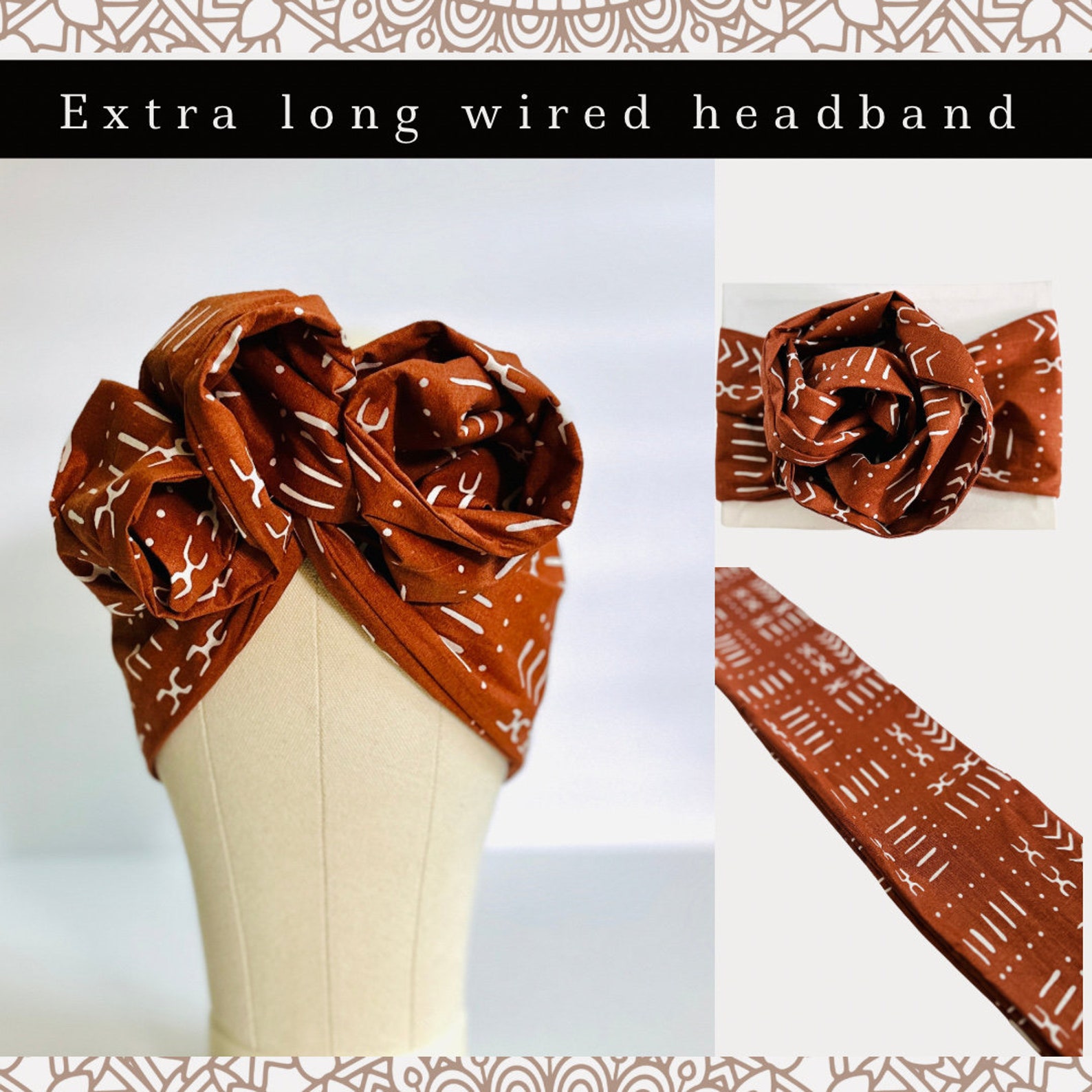 Extra Long Wide Adjustable Wire Headband, Burnt Orange Tribal Pattern ...