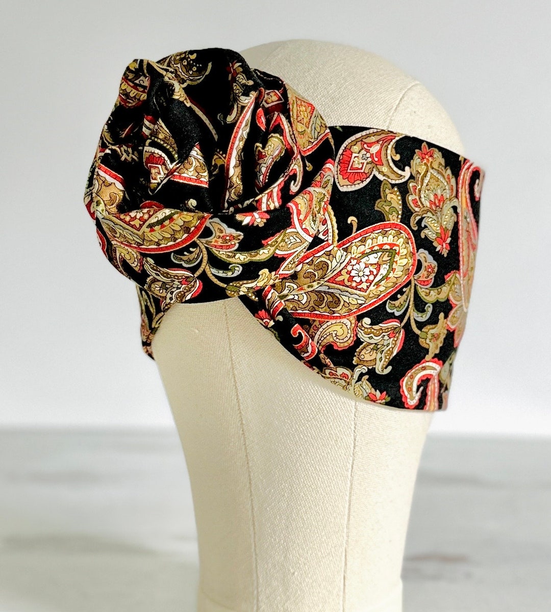 Extra Long Wide Wire Wrap Headband, Black Red & Gold Paisley Print ...