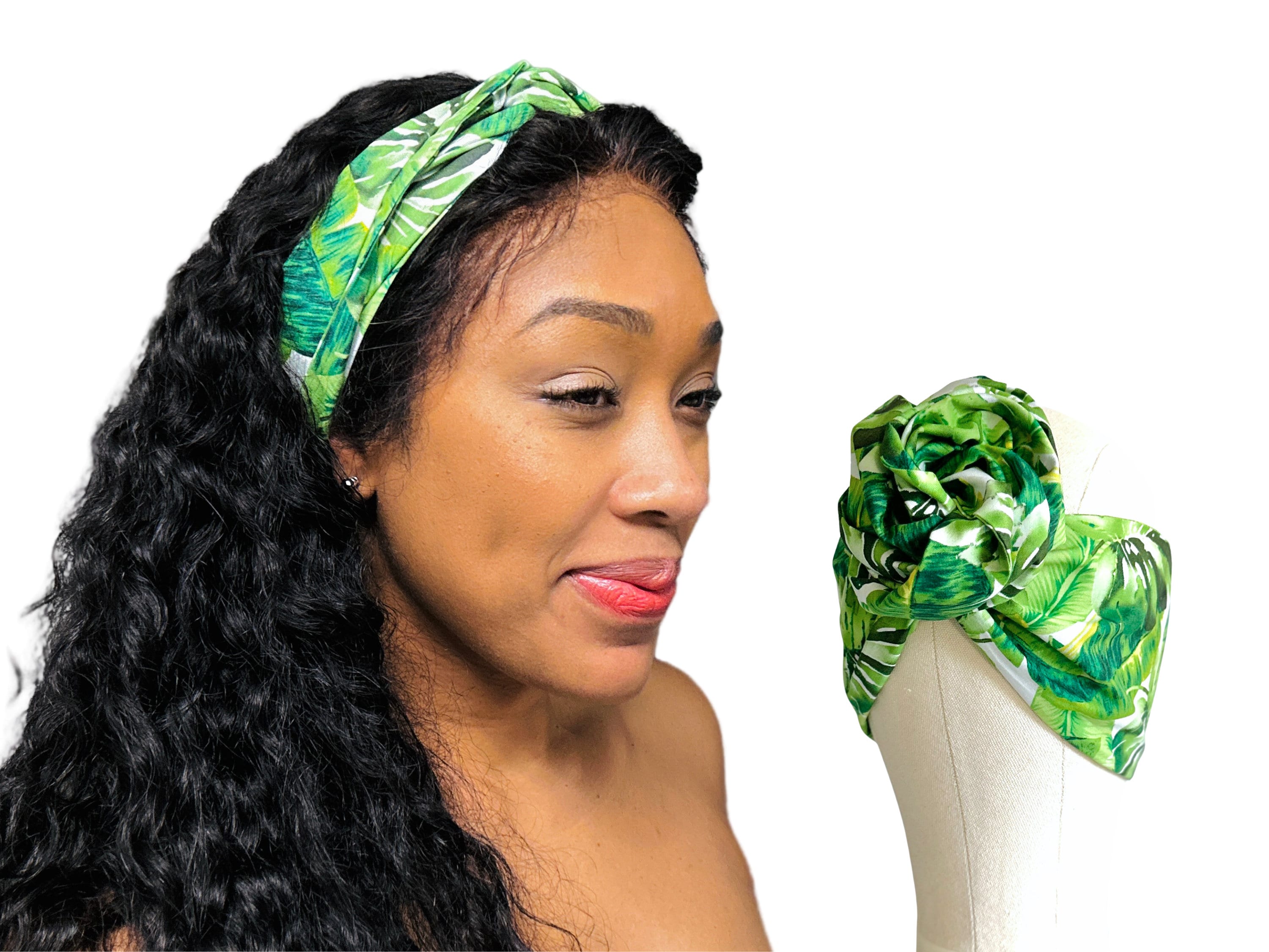 Extra Long & Wide ADJUSTABLE WIRE Head Wrap, Green Tropical Leaves ...