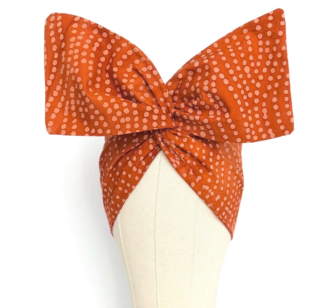 Extra Wide Adjustable Wire Headband, Batik Burnt Orange & Beige Polka ...