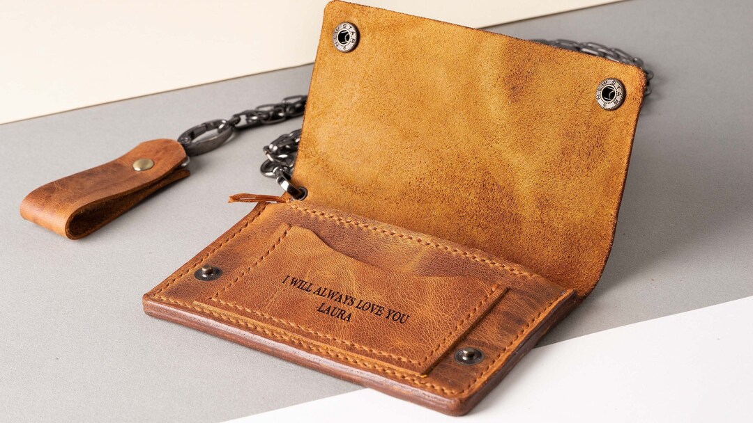 Leather Bifold Wallet With Chain, Biker Chain Wallet, Personalized ...