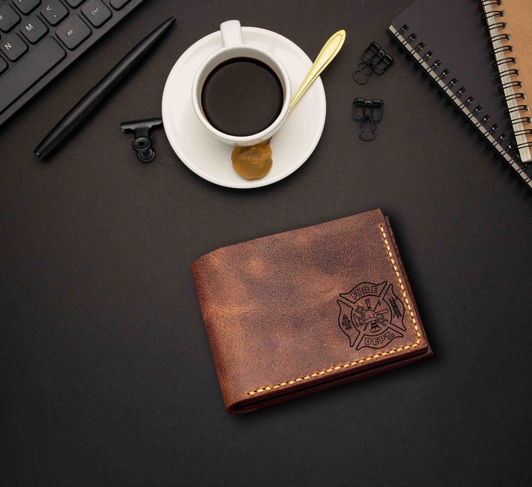 Firefighter Leather Wallet, Engraved Fireman Gift for Him, Personalized ...