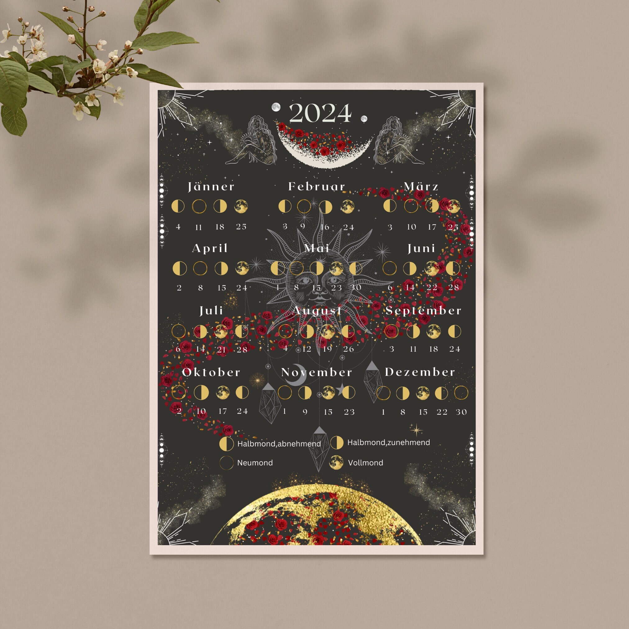 Lunar Calendar 2024 A3, A4 Astrology Calendar 2024, Calendar 2024, Moon ...