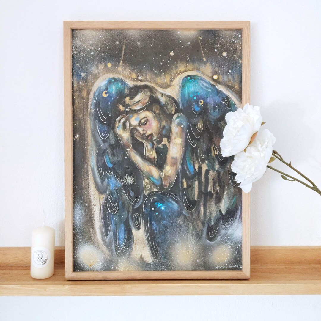 Modern Painting of a Fallen Angel: Acrylic Painting on Paper Hand ...