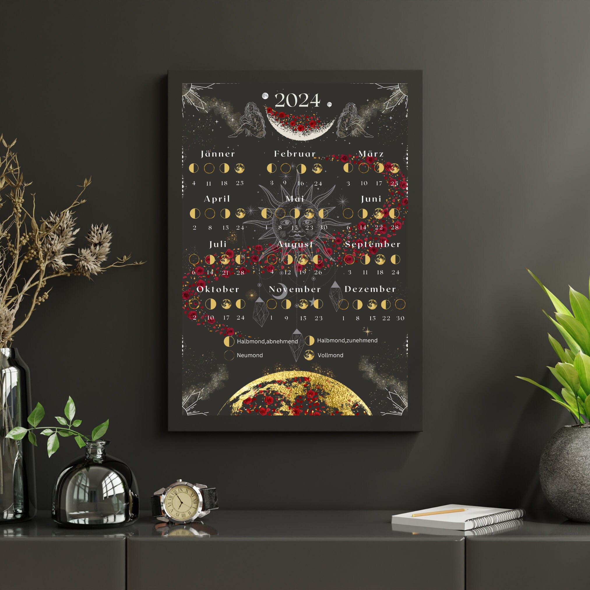 Lunar Calendar 2024 A3, A4 Astrology Calendar 2024, Calendar 2024, Moon ...