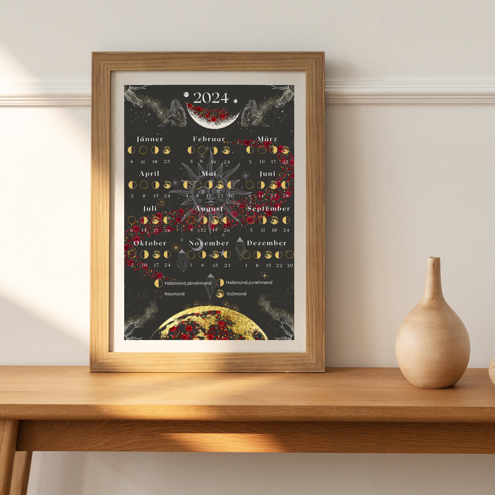 Lunar Calendar 2024 A3, A4 Astrology Calendar 2024, Calendar 2024, Moon ...