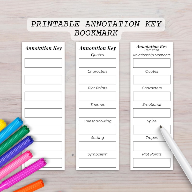Printable Book Annotation Key Bookmark Note Guide Reading Accessory for ...