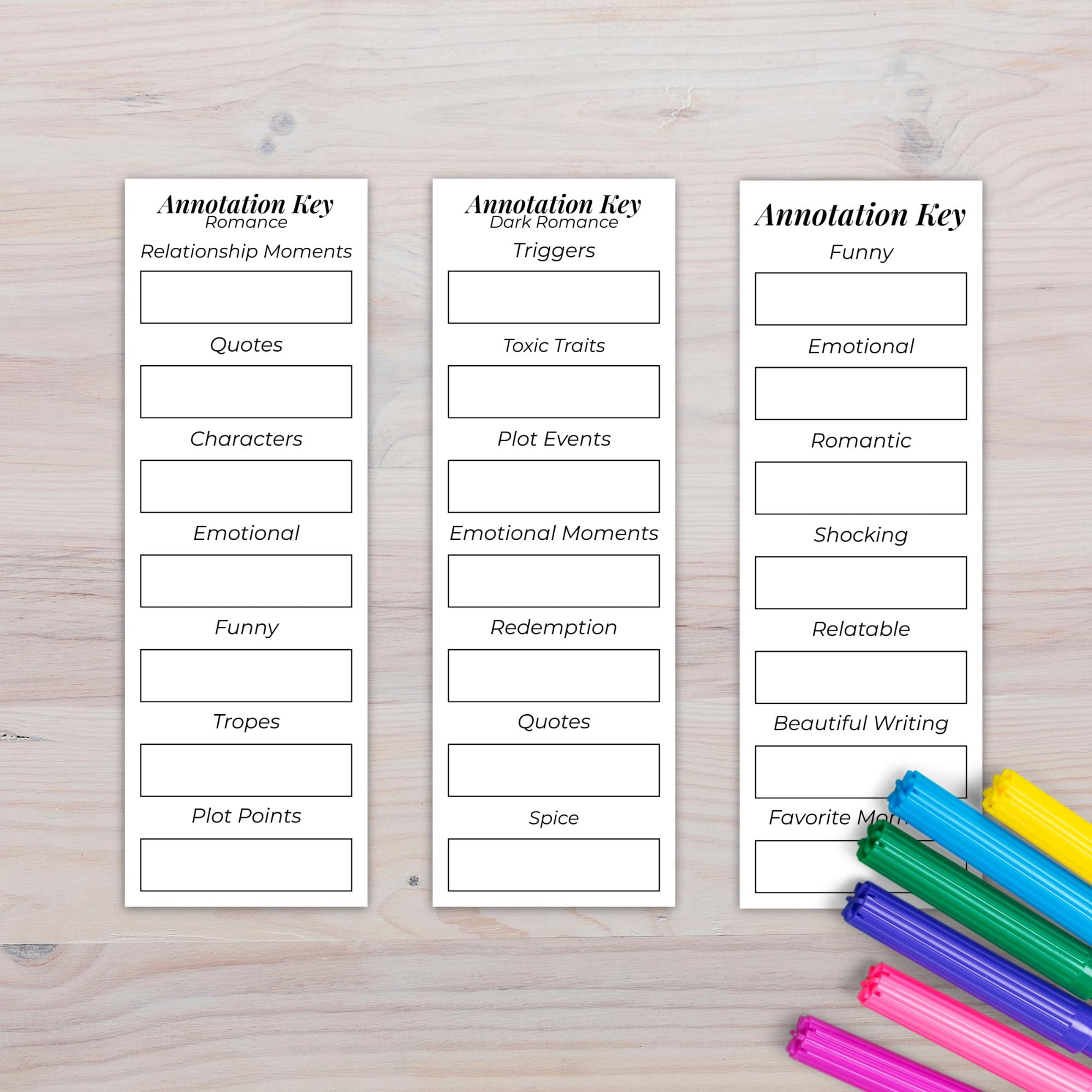 Printable Book Annotation Key Bookmark Note Guide Reading Accessory for ...