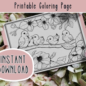 Birds With Cherry Blossoms | Printable Coloring Page | Instant Download ...