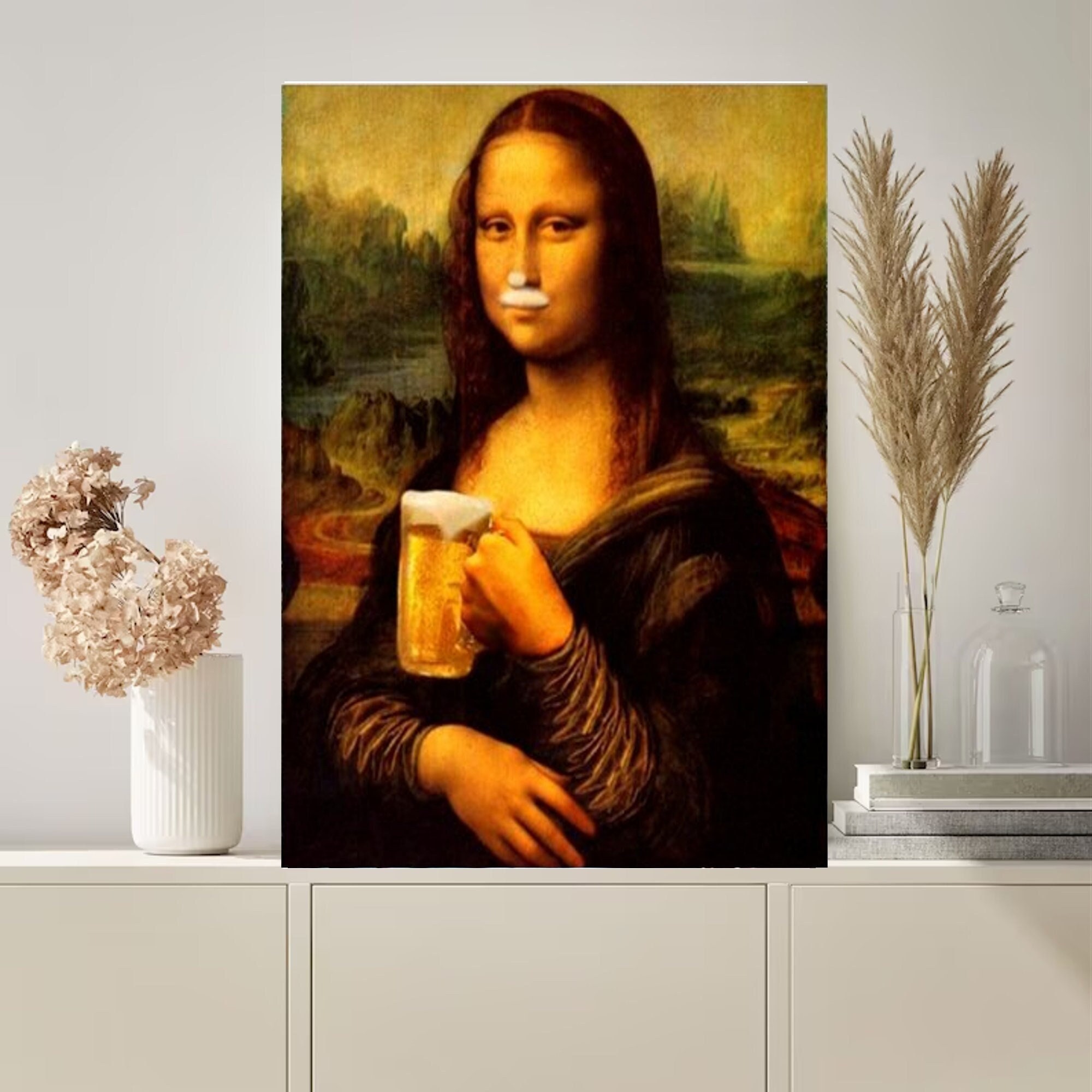 Mona Lisa Drinking Beer Print, Original Oil Painting De Vinci Portrait ...