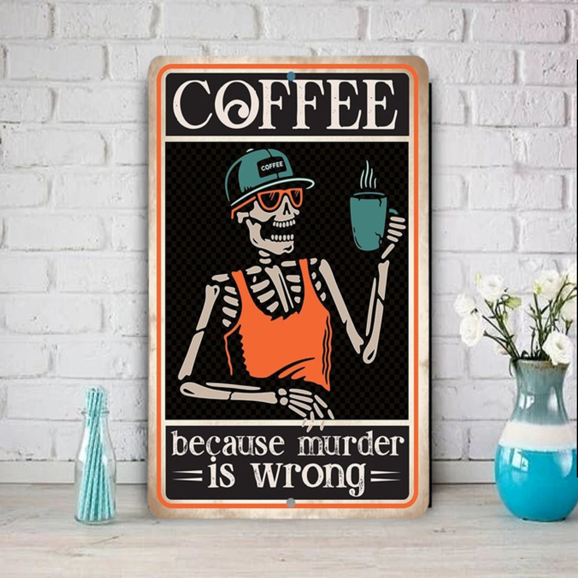 Skeleton Drinking Coffee Because Murder Poster Vintage Wall - Etsy