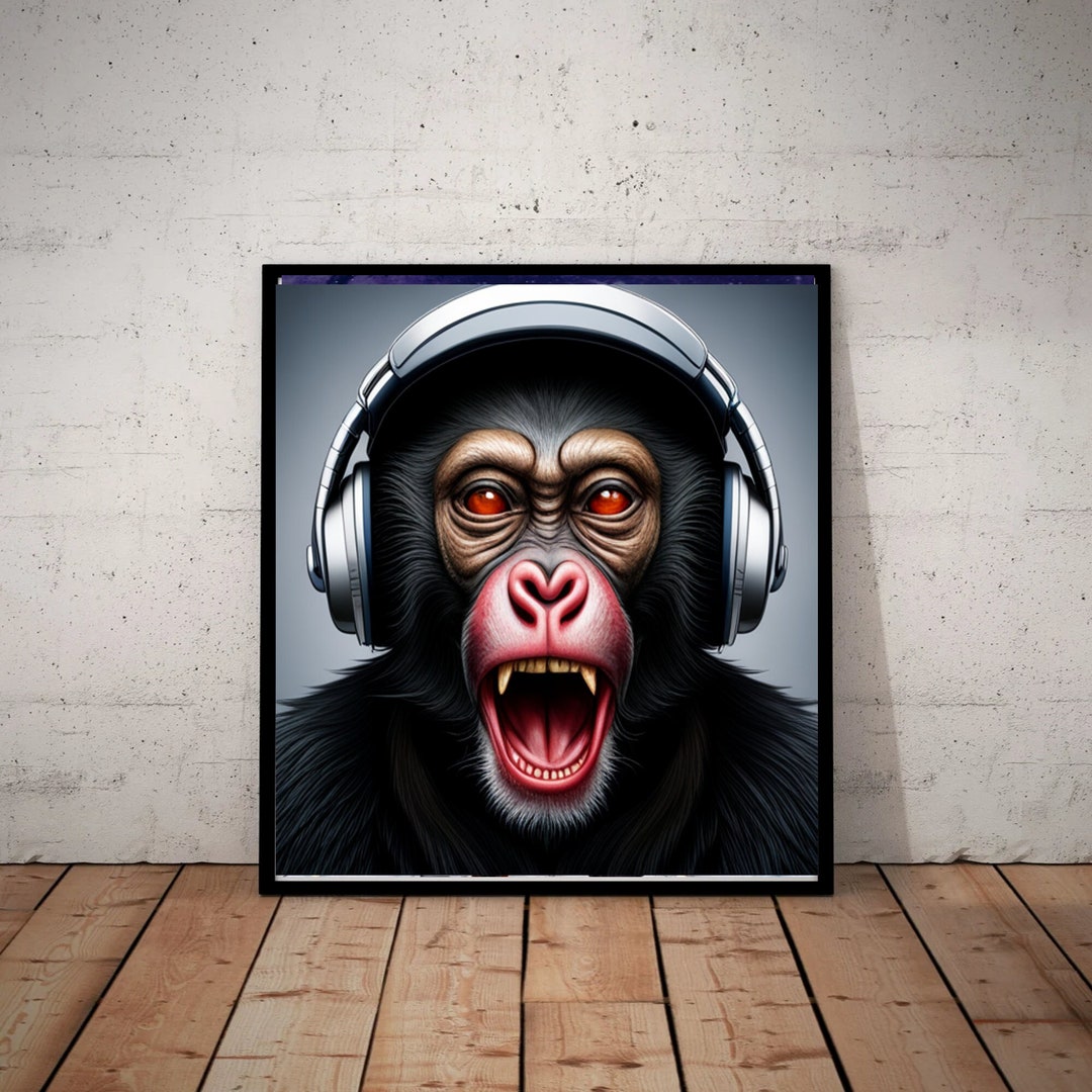 Monkey Art Print ,monkey in Headphones Poster, Monkey Poster ,monkey ...