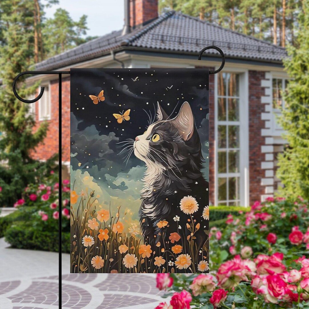 Black Cat Garden Flag ,floral Cat Garden Yard Flags Double Sided, Cat ...