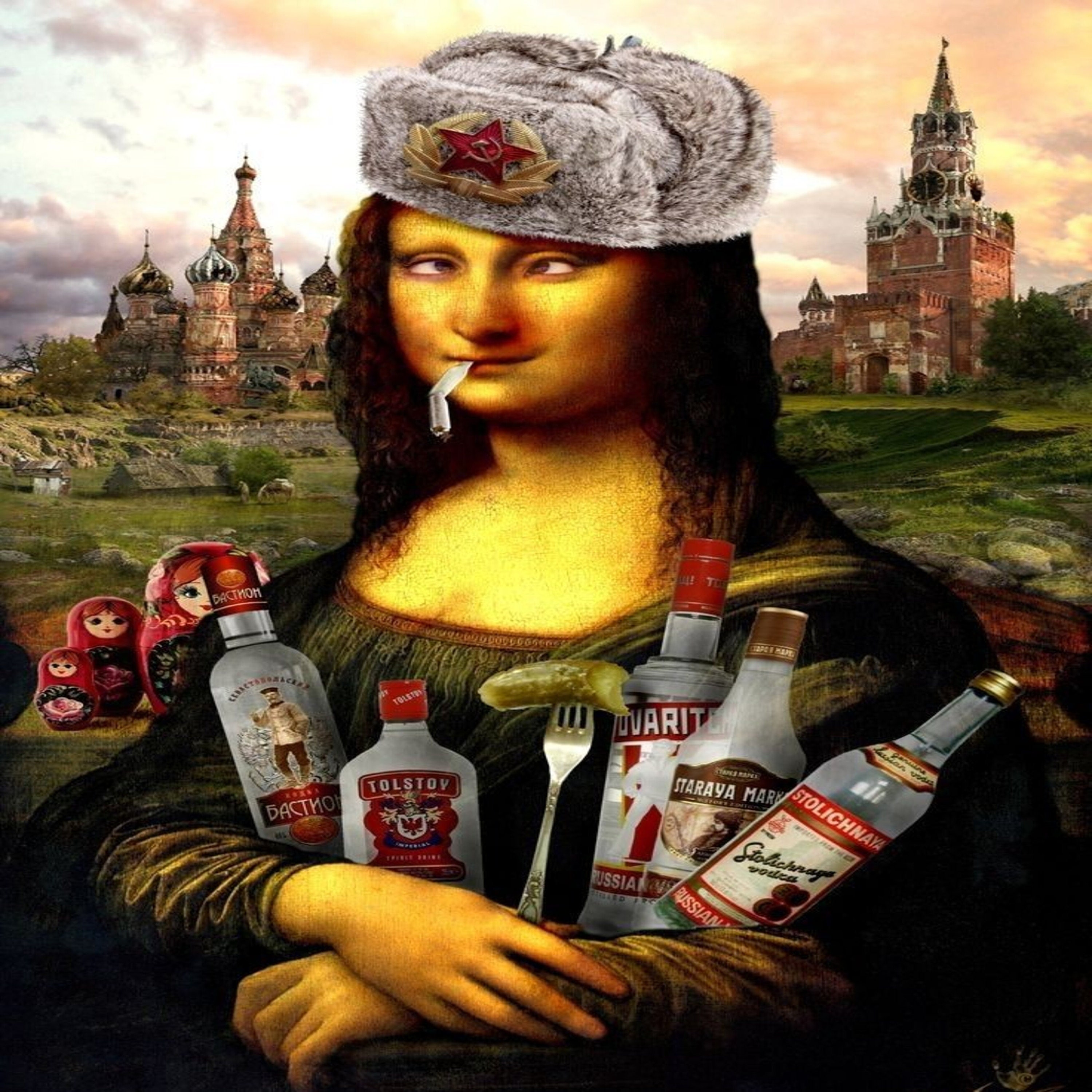 Mona Lisa With a Machine Gun and Holding Volka Bottles mona - Etsy