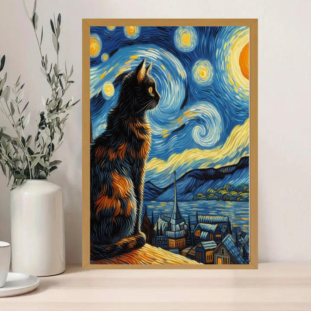 Van Gogh Tardis Starry Night With Cat Print,van Goth Starry Poster Dr ...