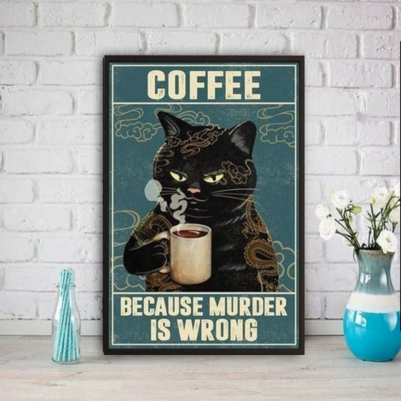 Coffee Because Murder Wall Art Poster Cat Art Poster Black - Etsy UK