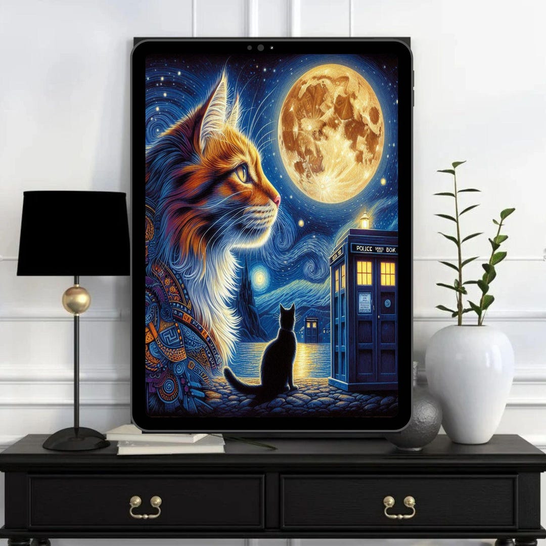Van Gogh Tardis Starry Night With Cat Print,van Goth Starry Poster | Dr ...