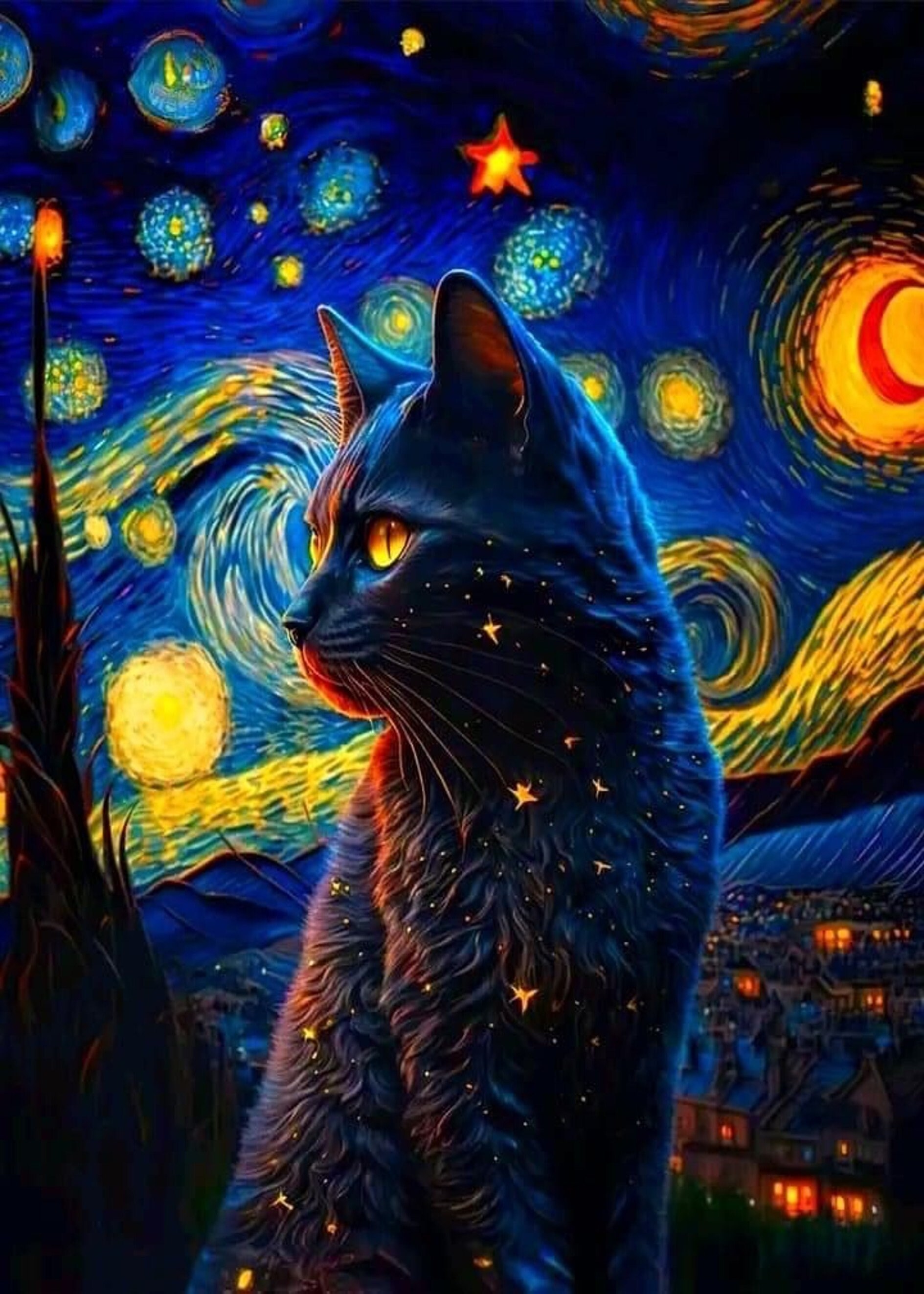 Noche estrellada Van Gogh con gato negro, impresión de gato de noche ...