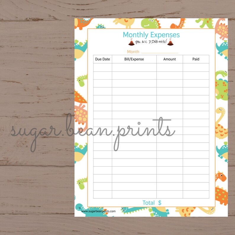 Monthly Expense Tracker Printable | Dinosaur Monthly Budget | Family ...