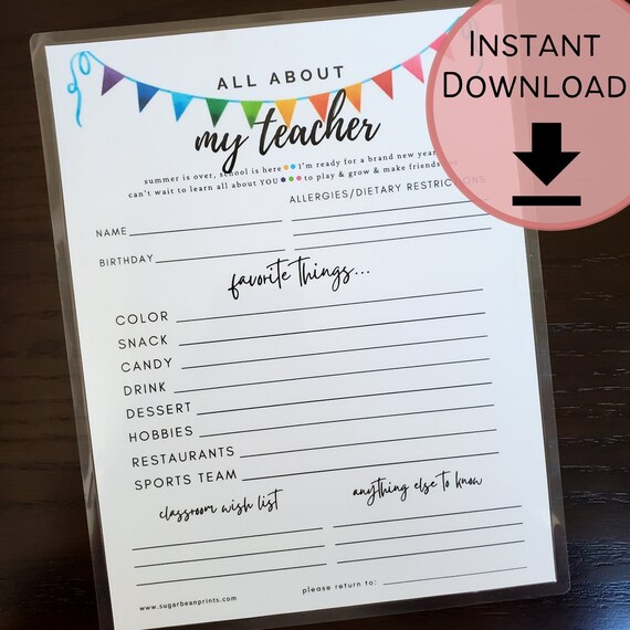 All About My Teacher Questionnaire Get to Know Your Teacher | Etsy