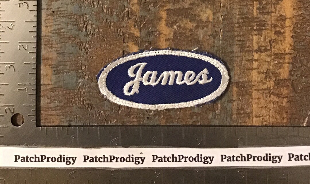 Vintage JAMES Name Tag Work Shirt Job Uniform Oval Sew-on Patch Blue ...