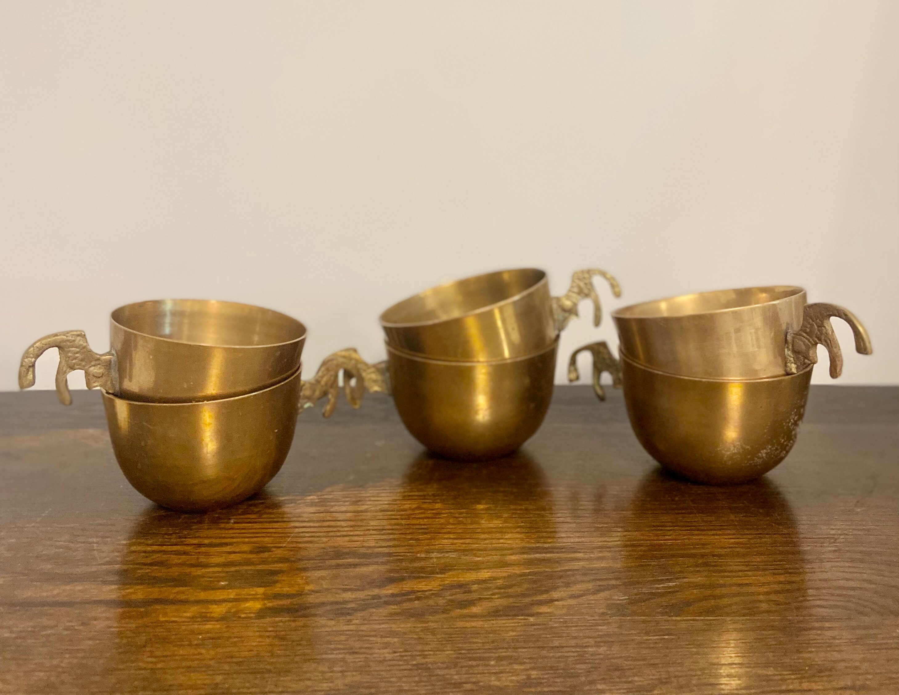 RARE Vintage MCM Aged Patina Solid Brass Punch Cup Set of 6 With Koi ...