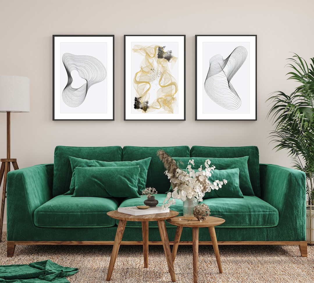 Set of 3 Abstract Art Wall Prints. Black, Gold and White. Modern ...