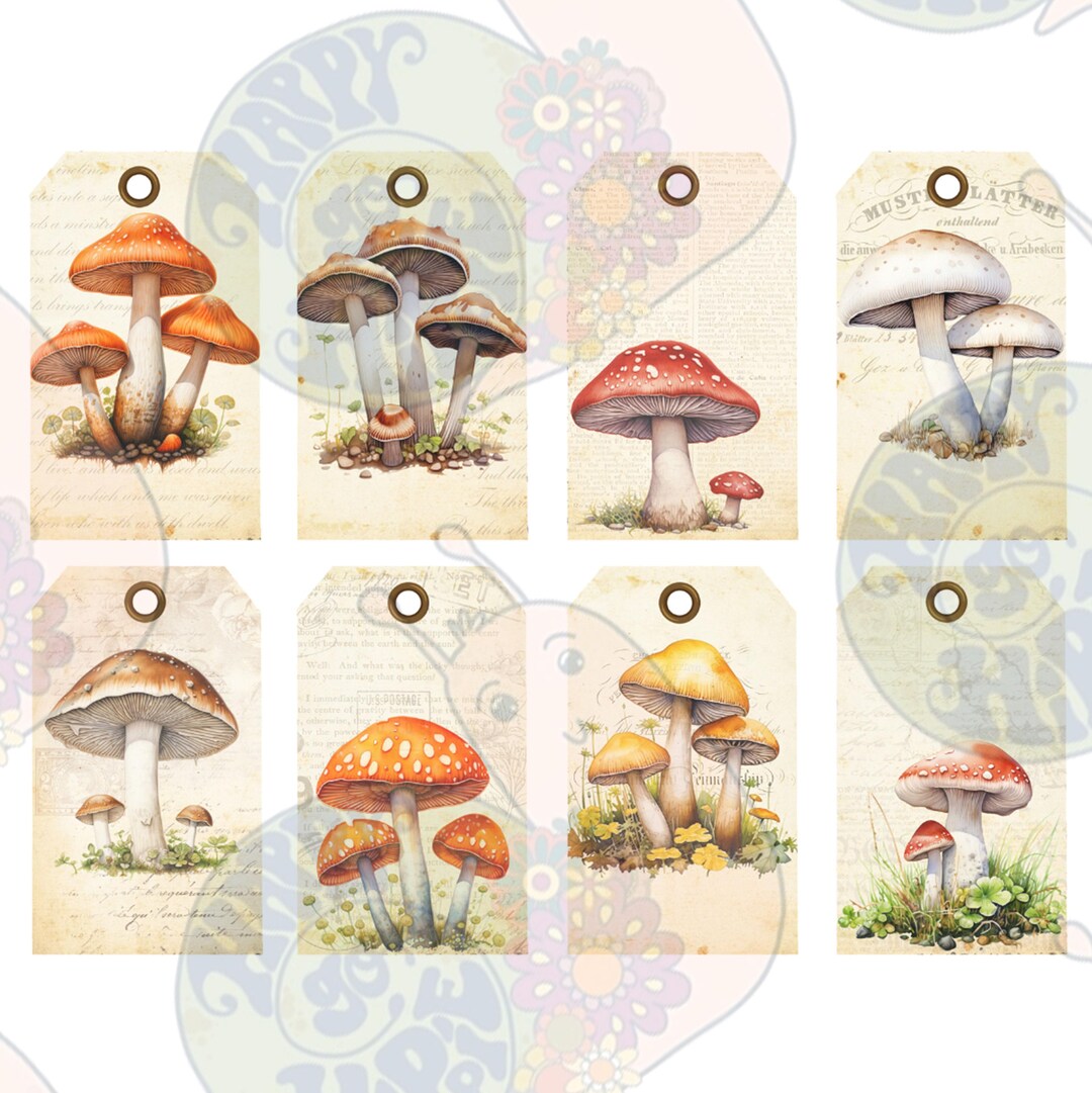 Watercolor Mushroom Tags Junk Journal Digital Ephemera - Etsy