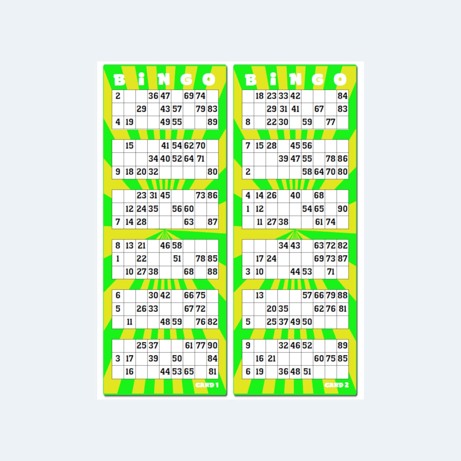 1000 Colorful UK Style 1-90 Bingo Ticket Cards, 2 Cards per (A4) Page ...