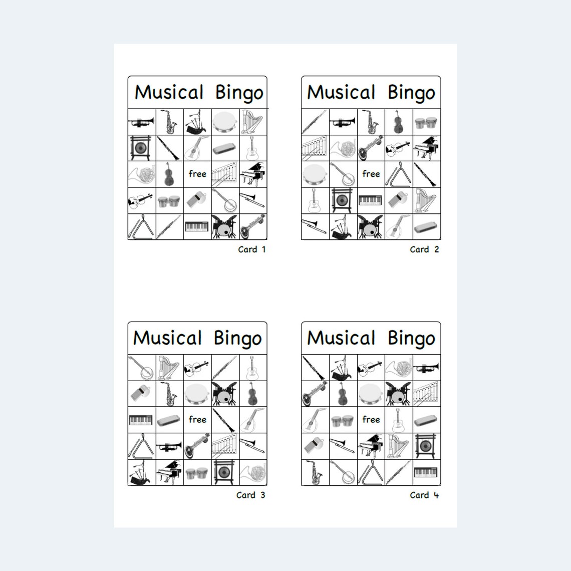 Printable Picture Bingo Cards ‘musical Instruments’- 4 per Page - Etsy