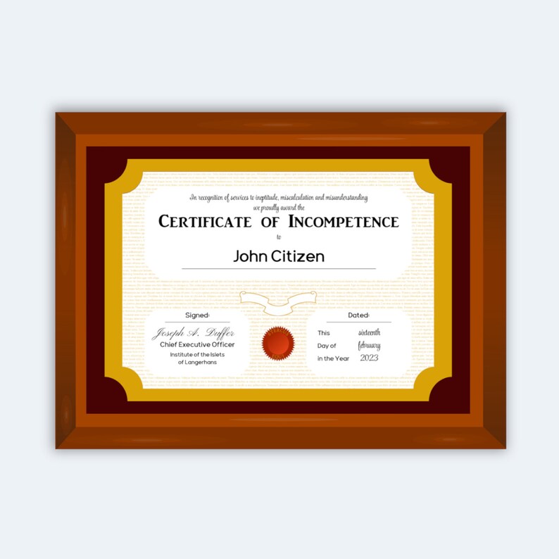 Novelty Award - "certificate of Incompetence" - Digital Download - Etsy ...