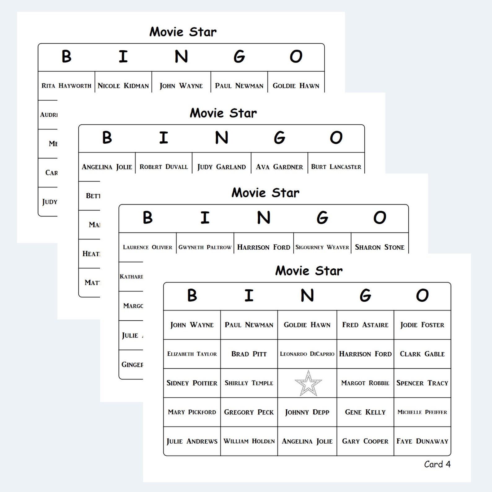 Bingo Cards – Novelty Movie Star Themed Bingo Cards - Printable Bingo ...