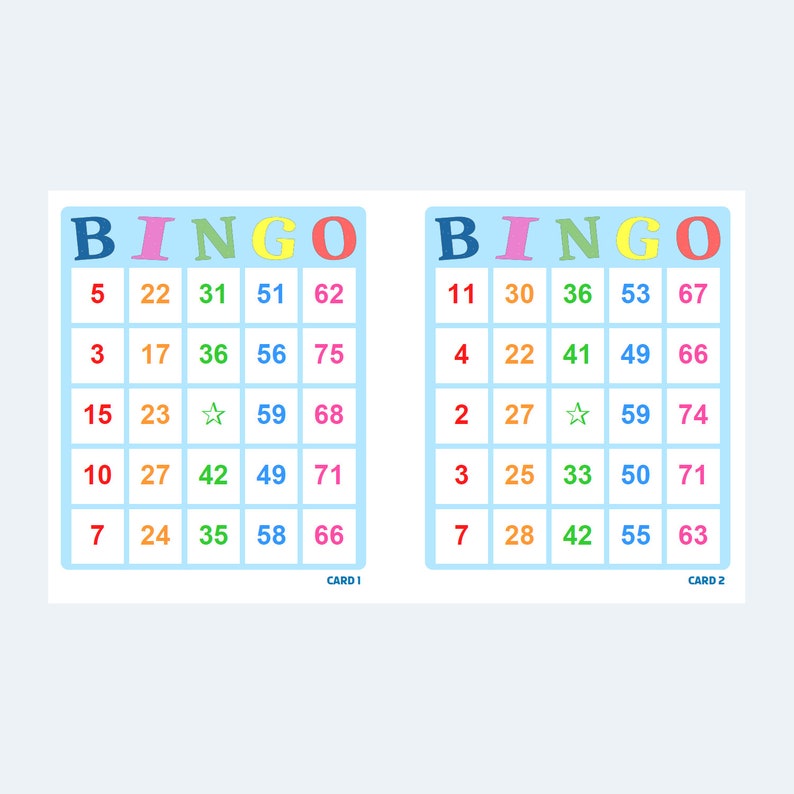 Bingo Cards - 1 to 75 Colored Bingo Cards 2 per Page – 500 Pages / 1000 ...