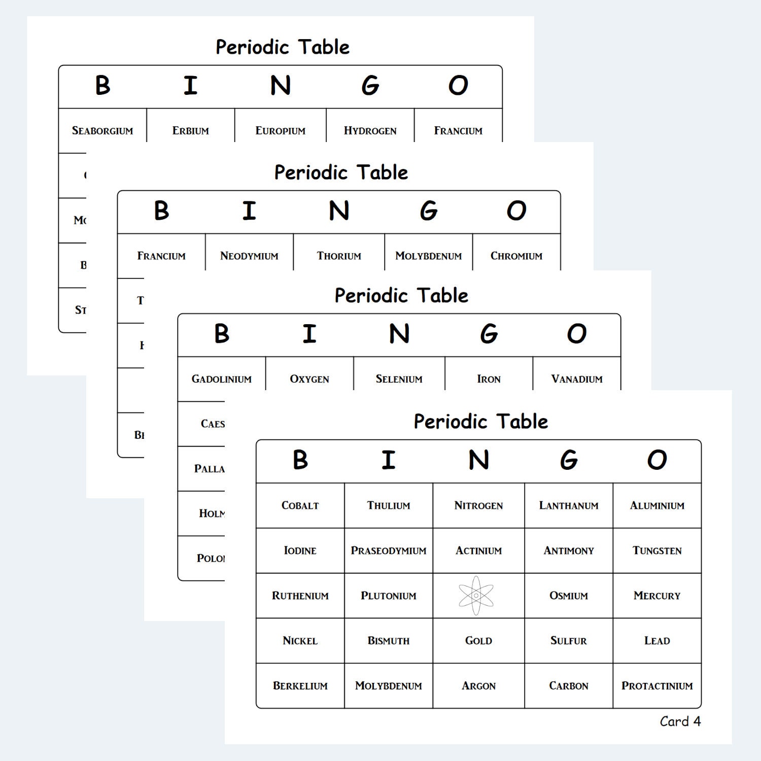 Bingo Cards – Novelty Periodic Table Themed Bingo Cards - Printable ...