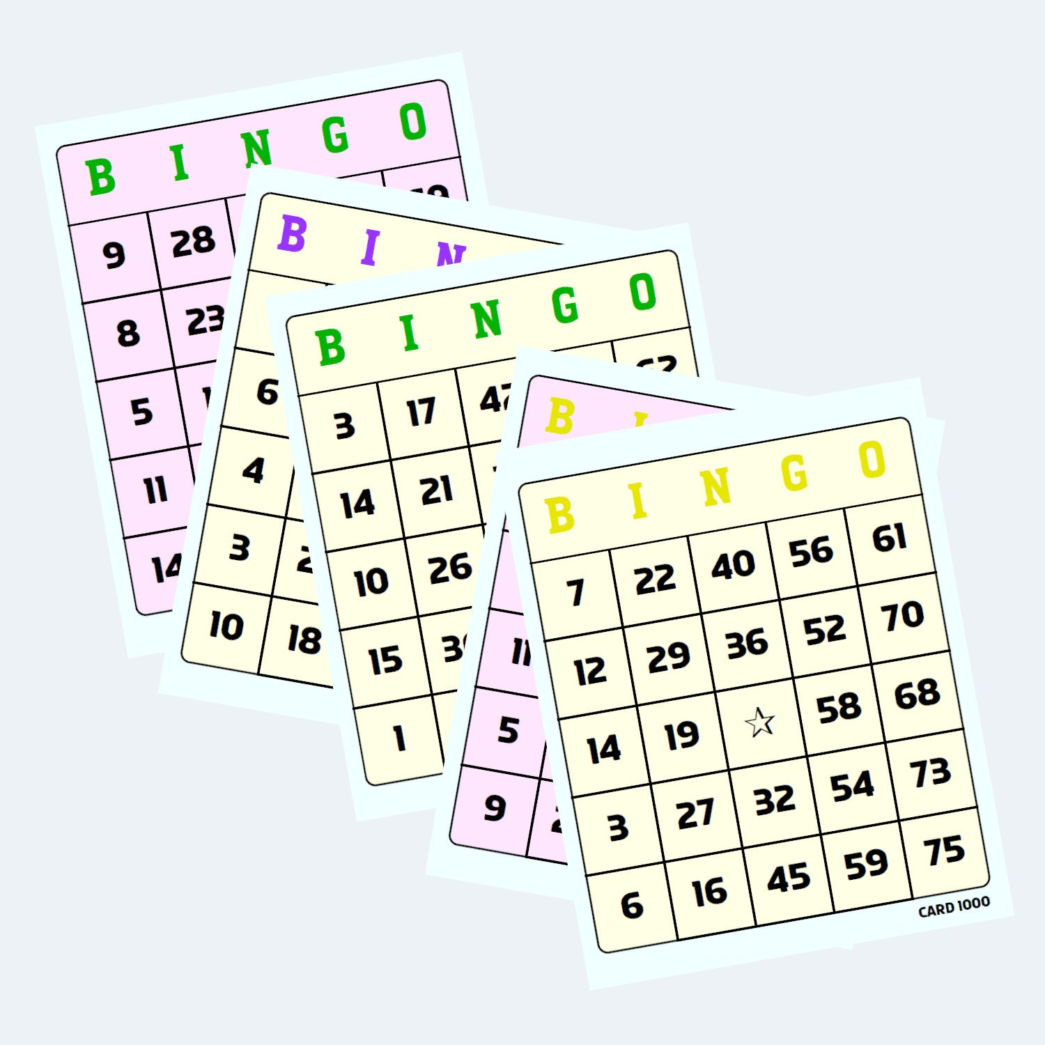 Bingo Cards - 1 to 75 Colored Bingo Cards 2 per Page – 500 Pages / 1000 ...