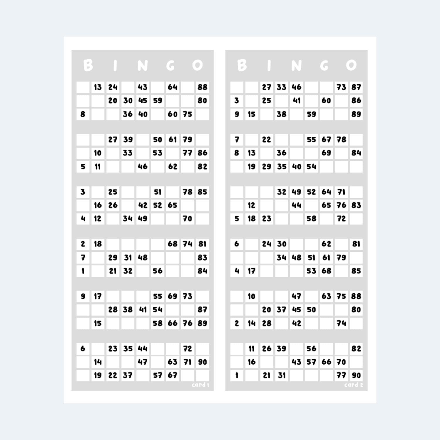Printable UK Style 1-90 Bingo Ticket Cards, 2 per Page, 500 Pages ...