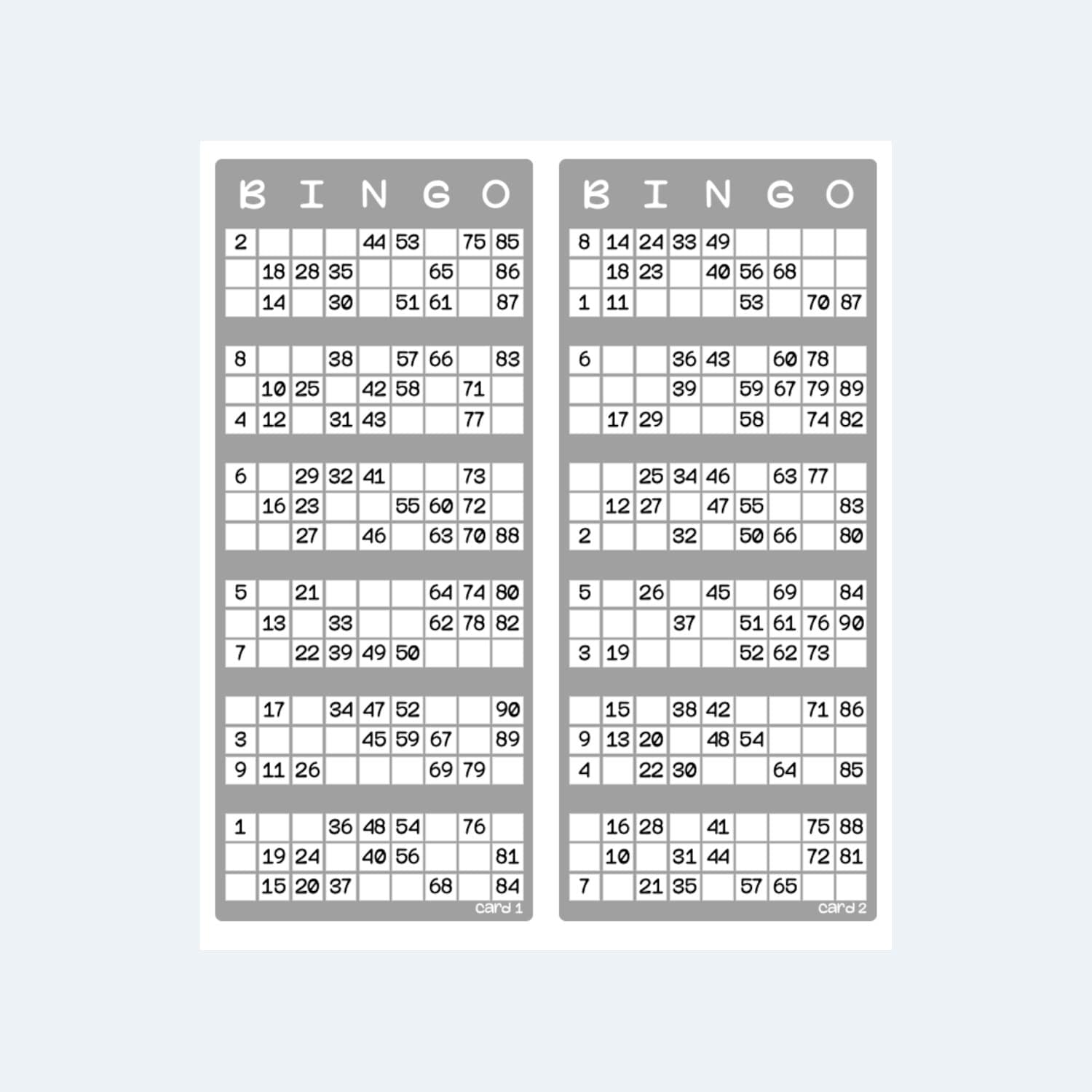 Printable UK Style 1-90 Bingo Ticket Cards, 2 per Page, 500 Pages ...