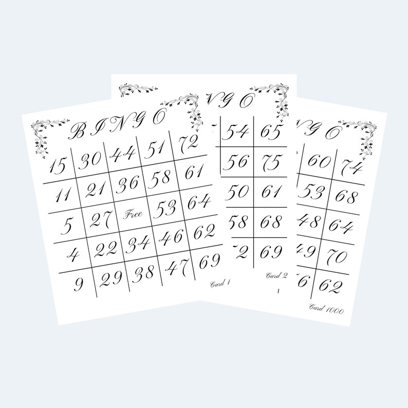 Bingo Cards - Printable – Script Font - Large Print 1 per Page – 1000 ...