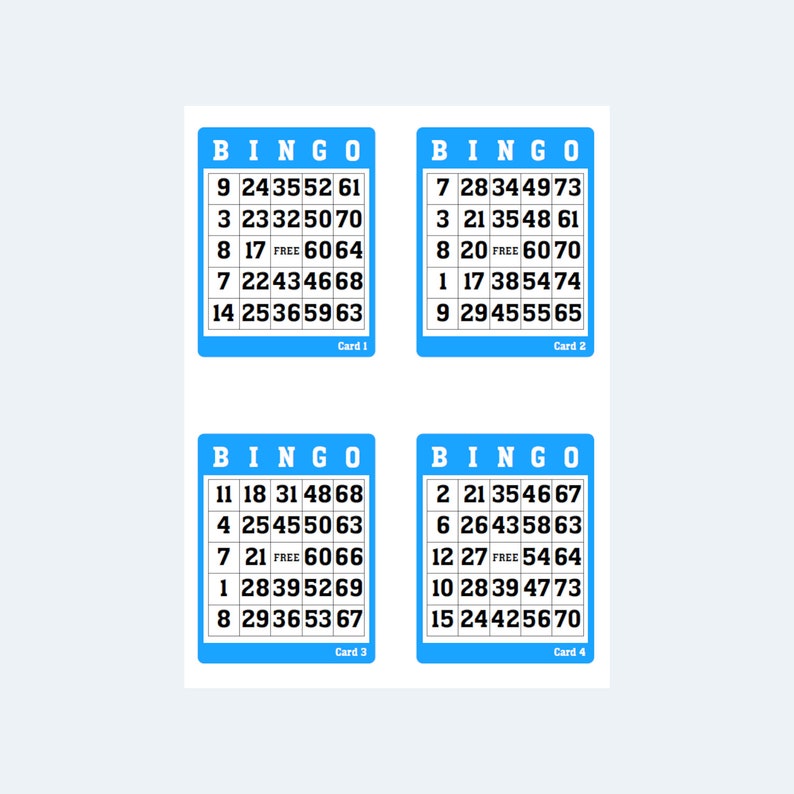Bingo Cards 1 to 75 Blue Bingo Cards 4 per Page 250 Pages / 1000 Cards ...