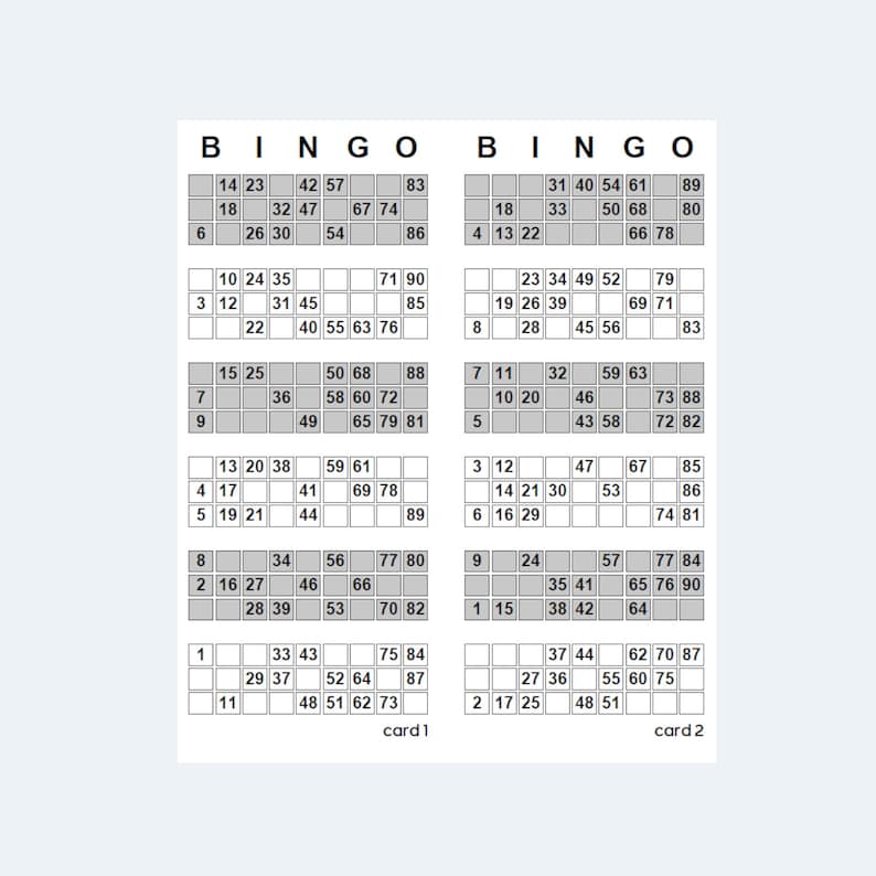 UK Style 1-90 Bingo Ticket Cards, 2 per Page – 1000 Cards / 500 Pages ...