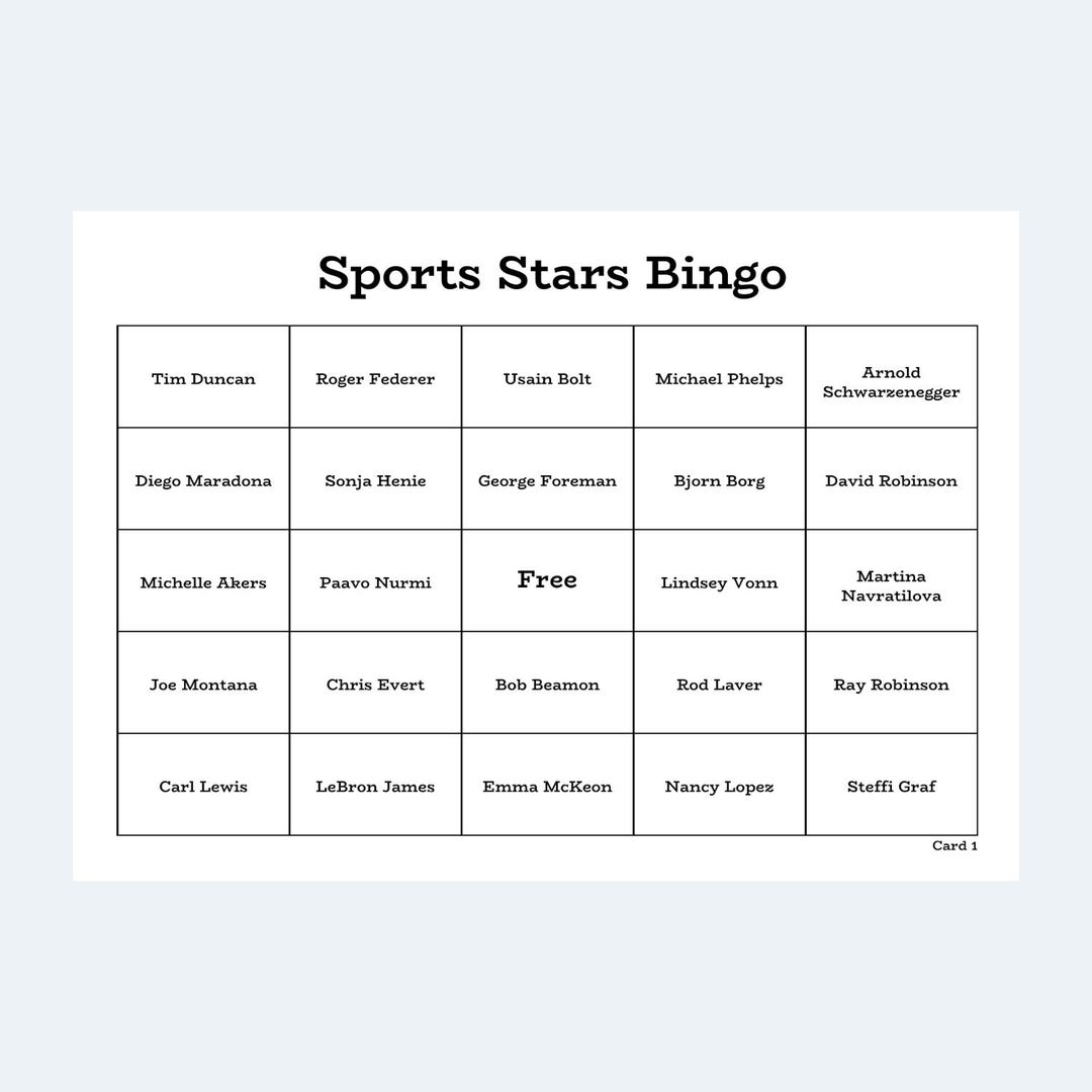 Novelty Bingo Cards – Sports Stars - 1000 Pages - 1 Card per A4 Page ...