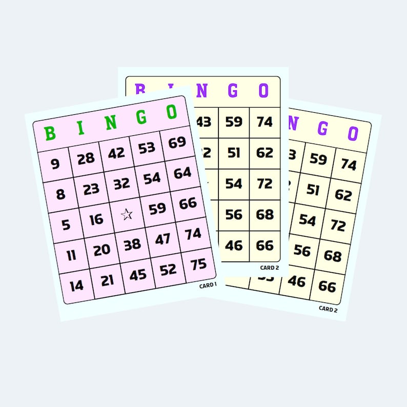 Bingo Cards - 1 to 75 Colored Bingo Cards 2 per Page – 500 Pages / 1000 ...
