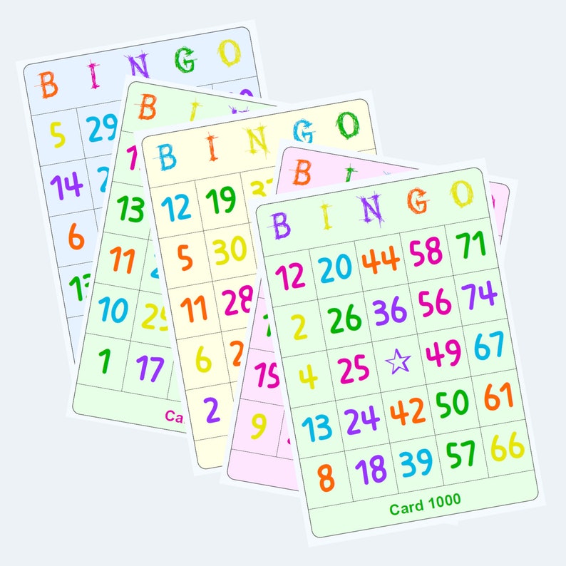 Bingo Cards - 1 to 75 Colored Bingo Cards 4 per Page – 250 Pages / 1000 ...