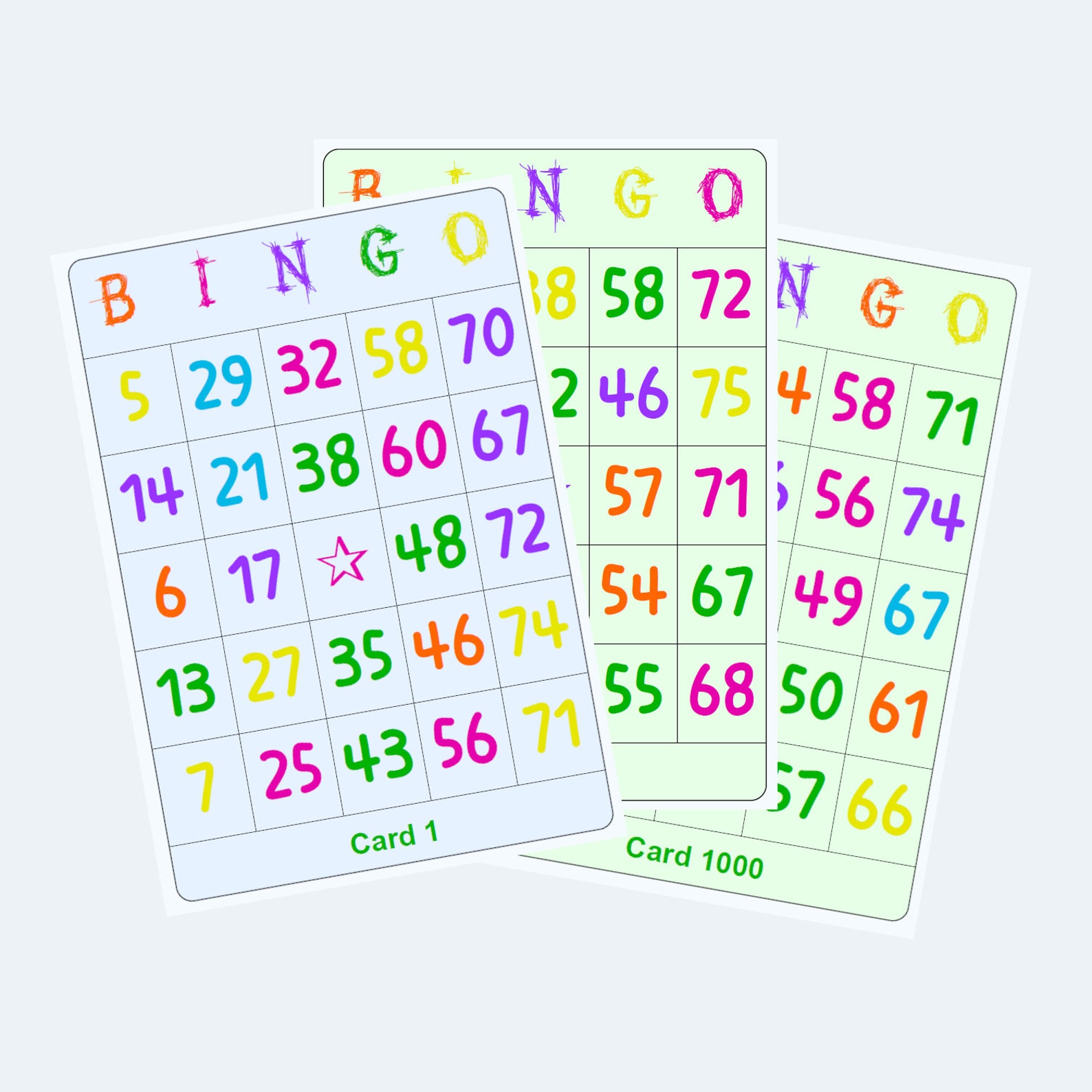 Bingo Cards - 1 to 75 Colored Bingo Cards 4 per Page – 250 Pages / 1000 ...