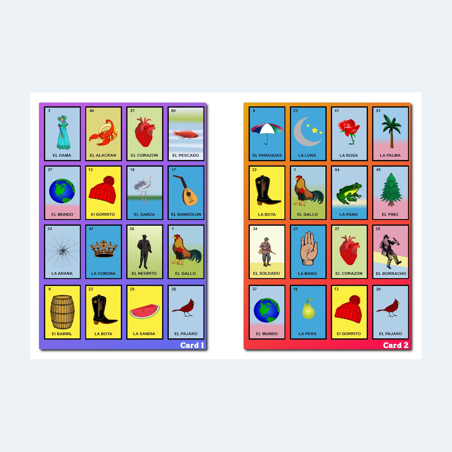 Loteria Cards - Color Printable Loteria Cards - 2 per Page – 1000 Cards ...